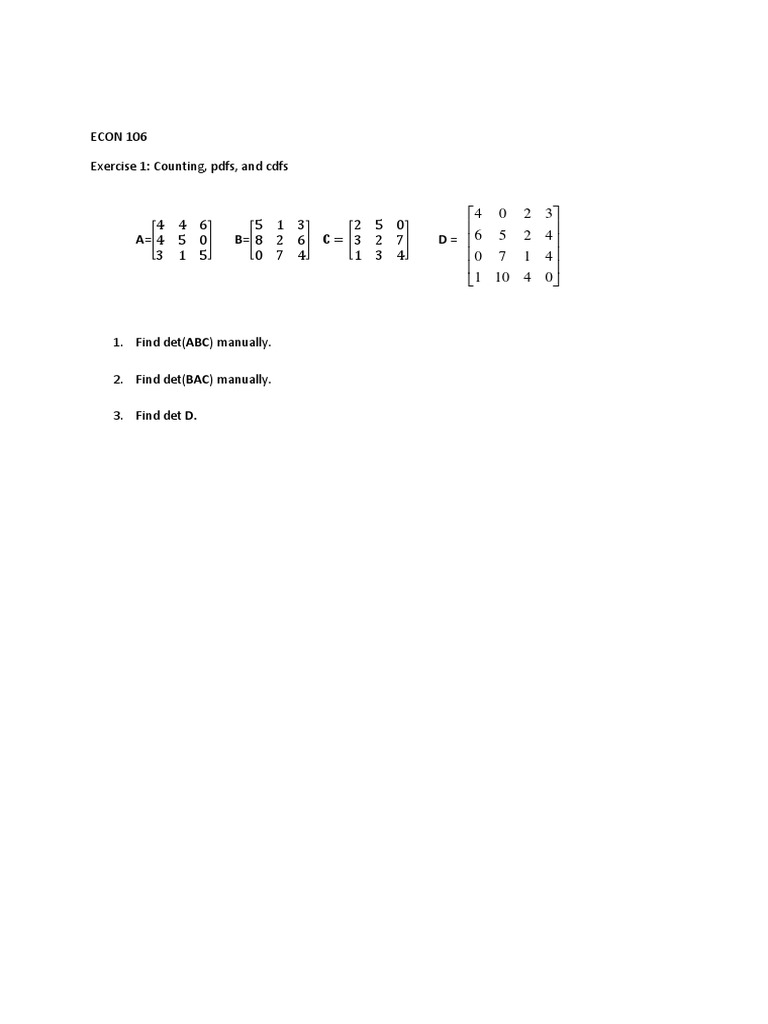 Matrix Determinants Exercise in ECON 106 | PDF