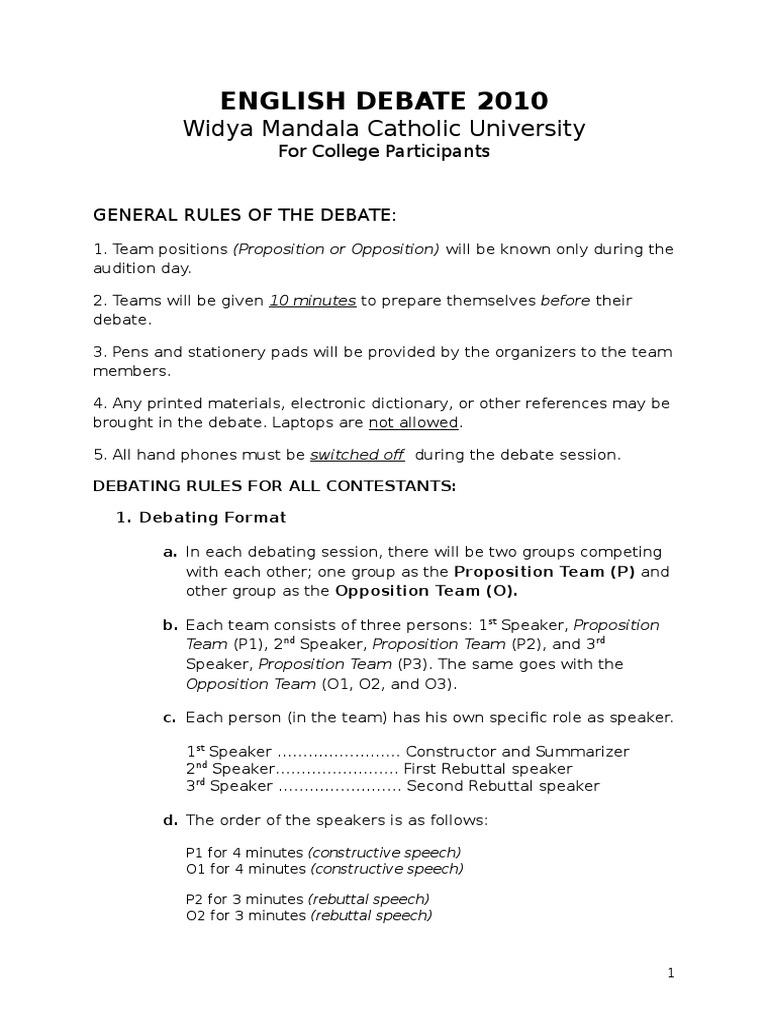 ENGLISH DEBATE (Guidelines) - For College | PDF