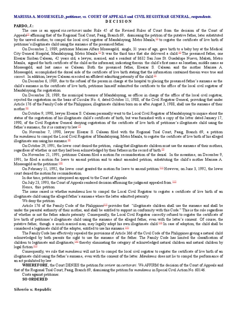 Decision Pardo, J.:: Marissa A. Mossesgeld, Petitioner, vs. Court of ...