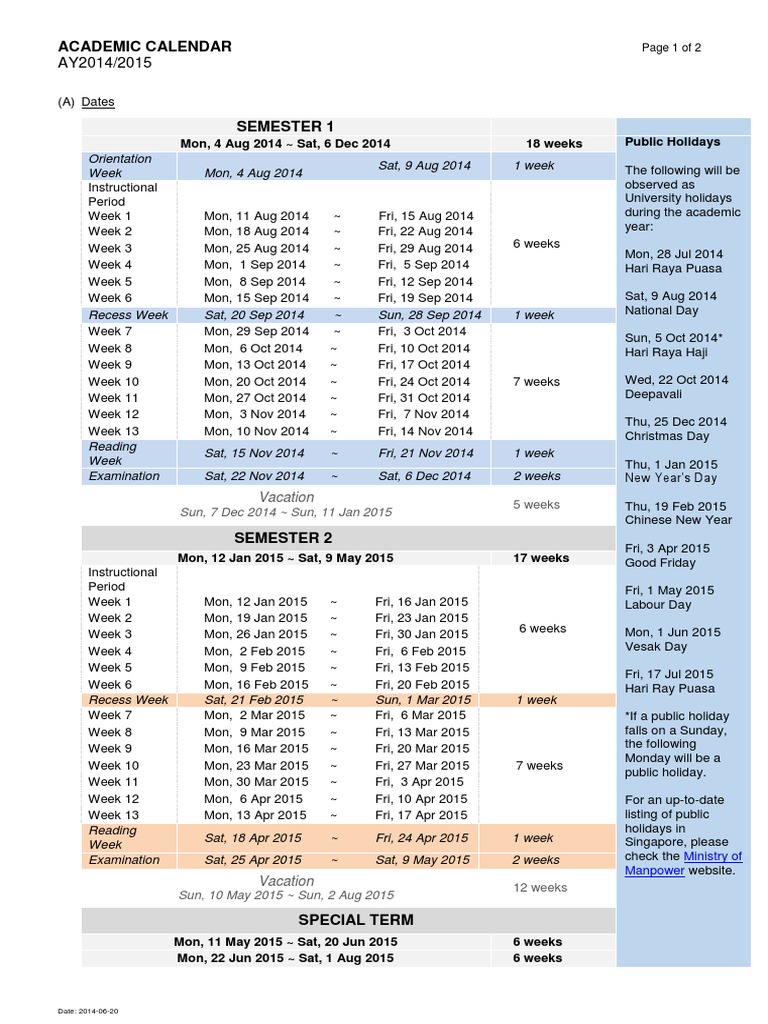 Academic Calendar: Mon, 4 Aug 2014 Sat, 6 Dec 2014 18 Weeks Public ...