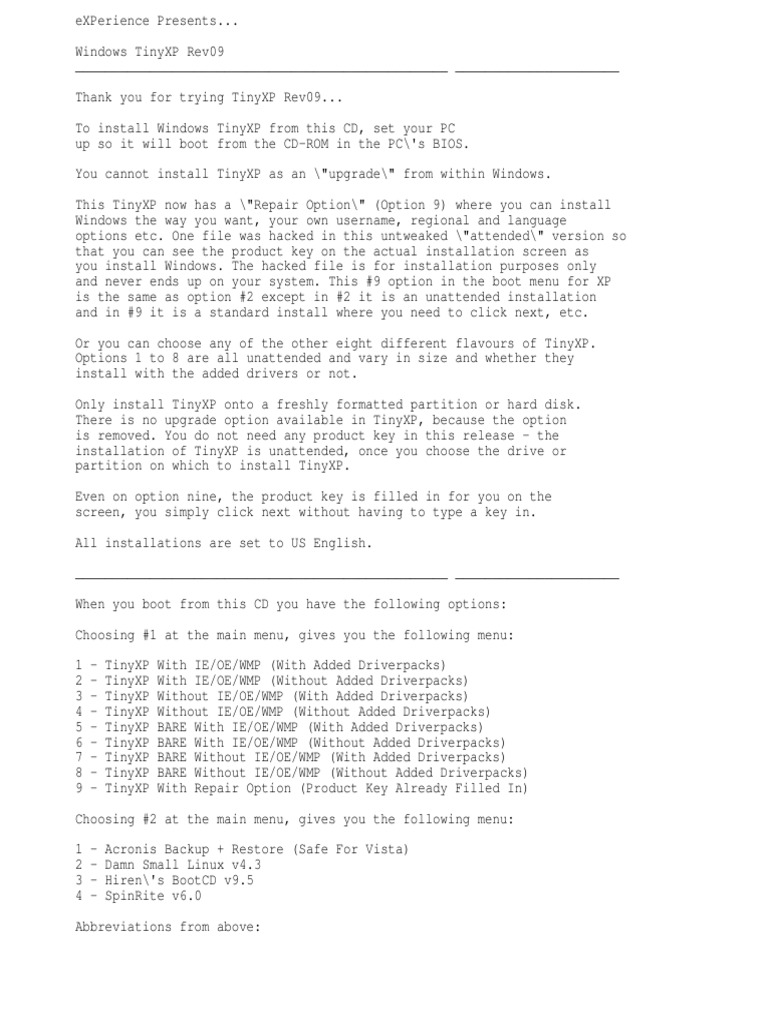TinyXP Rev09 | PDF | Booting | Installation (Computer Programs)
