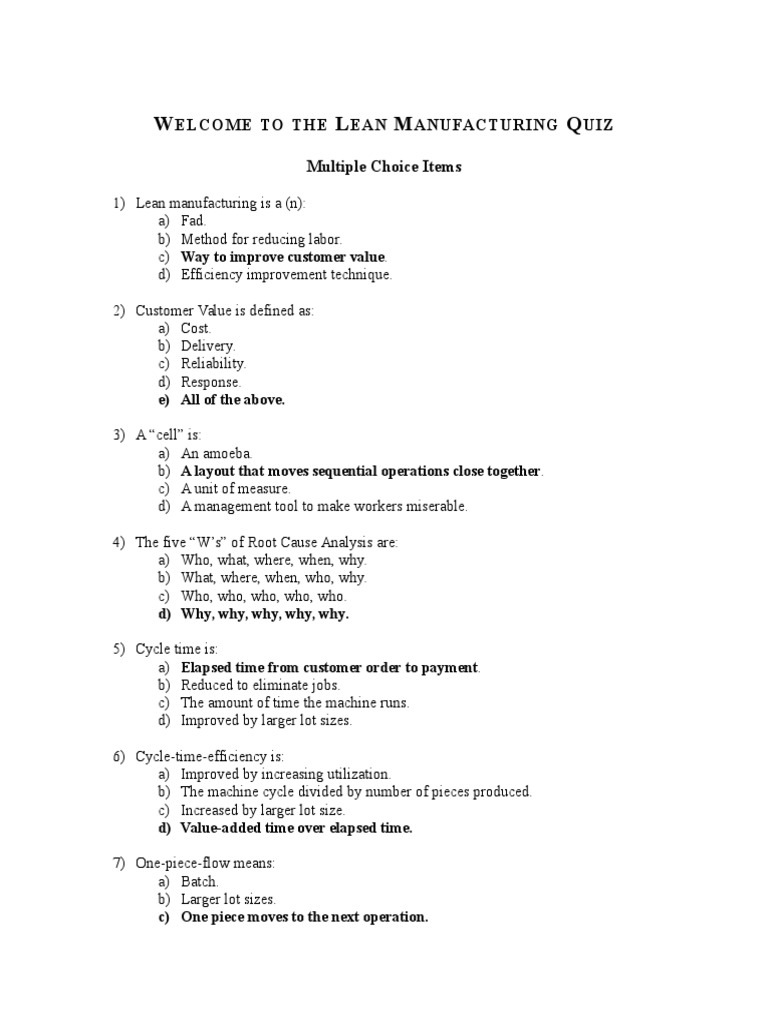 Lean Manufacturing Quiz Overview | PDF | Process Management | Lean ...