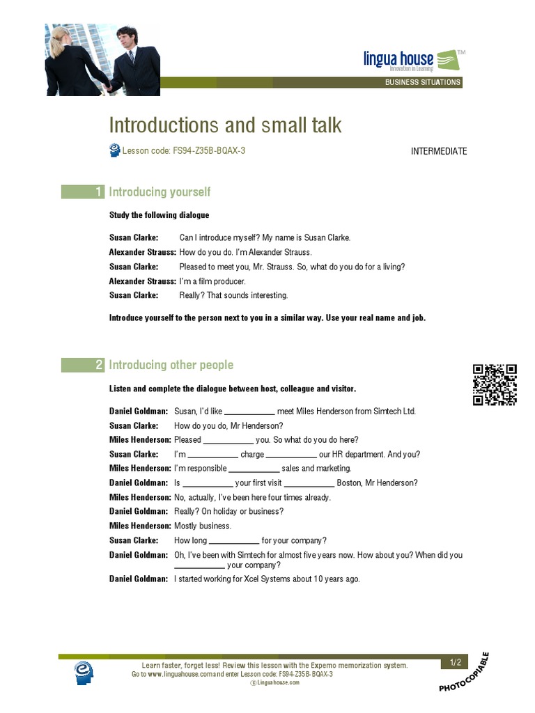 Introductions and Small Talk: Lingua House Lingua House | PDF