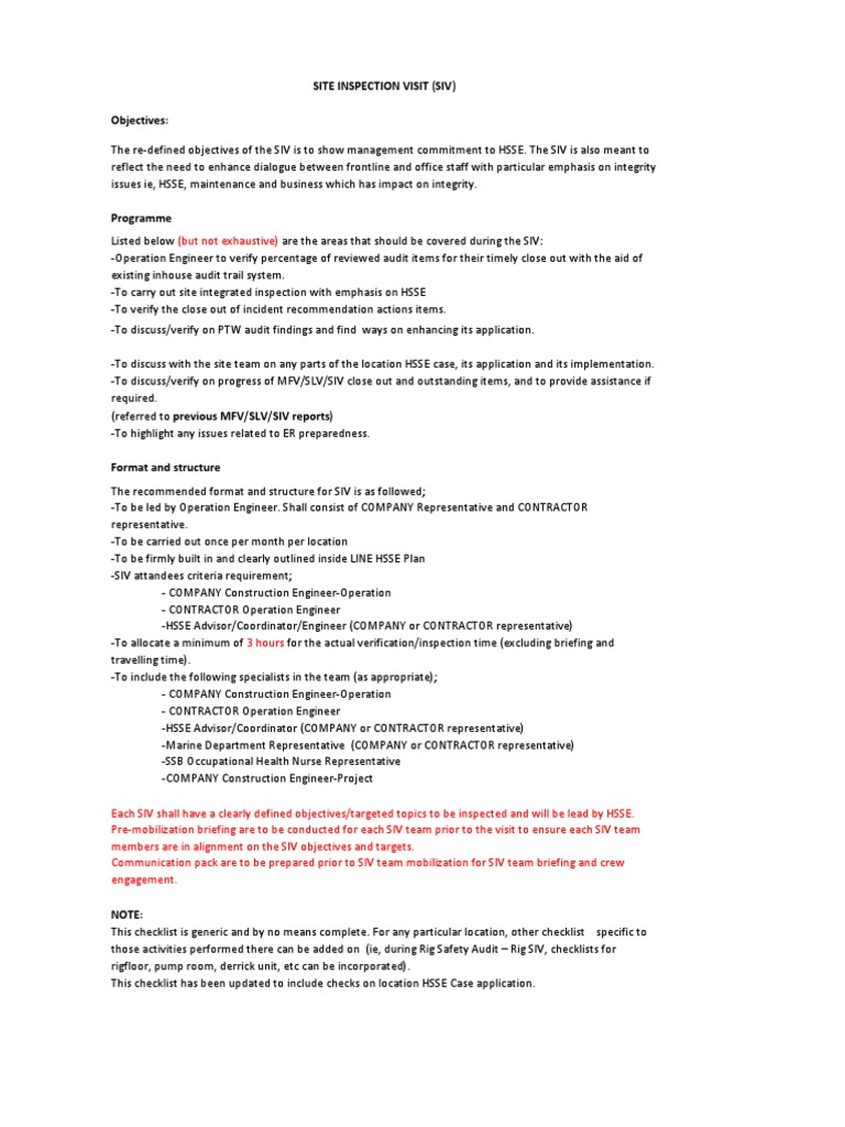 Site Visit (SIV) Checklist | PDF