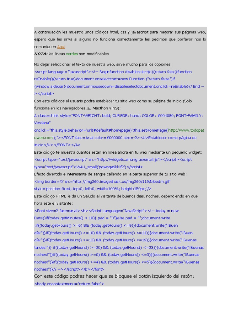 Códigos HTML y JS para Mejorar Webs | PDF | HTML | Script Java