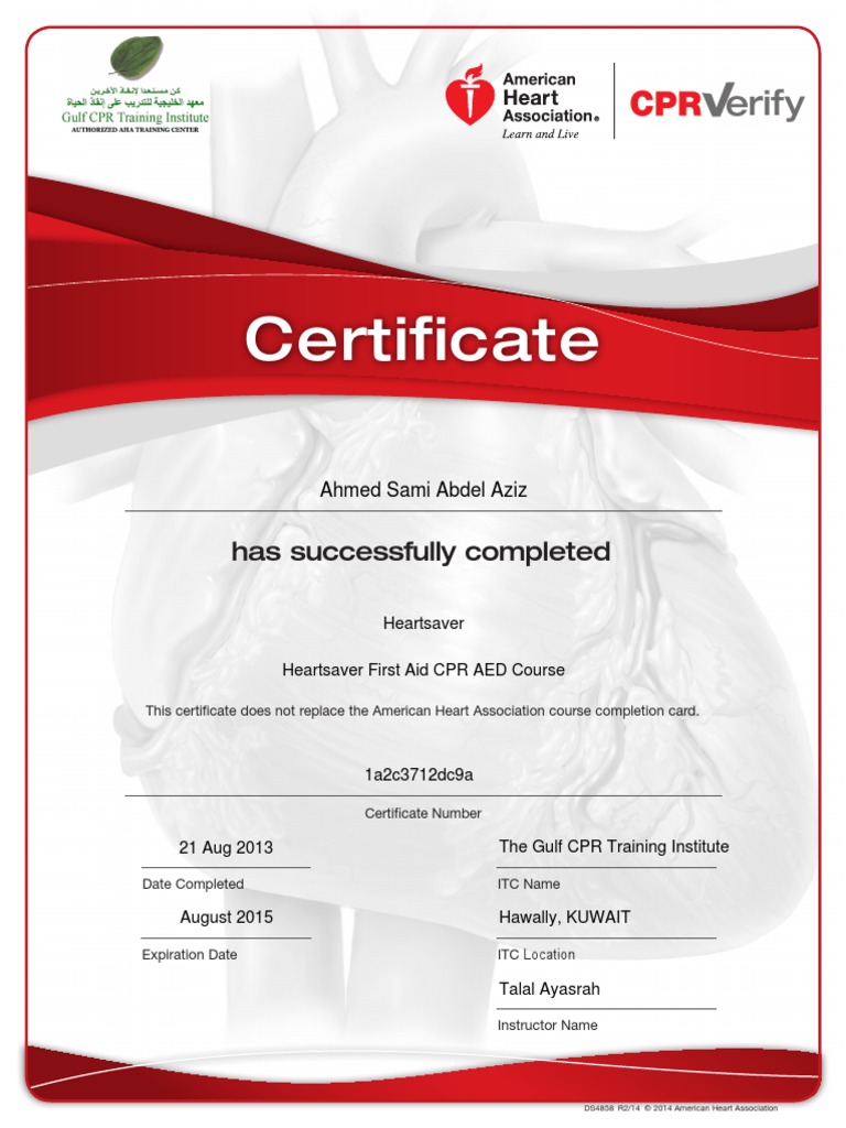 Heartsaver First Aid CPR AED Course Certificate | PDF