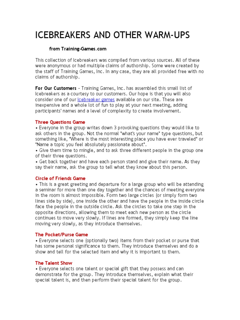 Icebreakers and Other Warm-Ups: Icebreaker Games | PDF | Business
