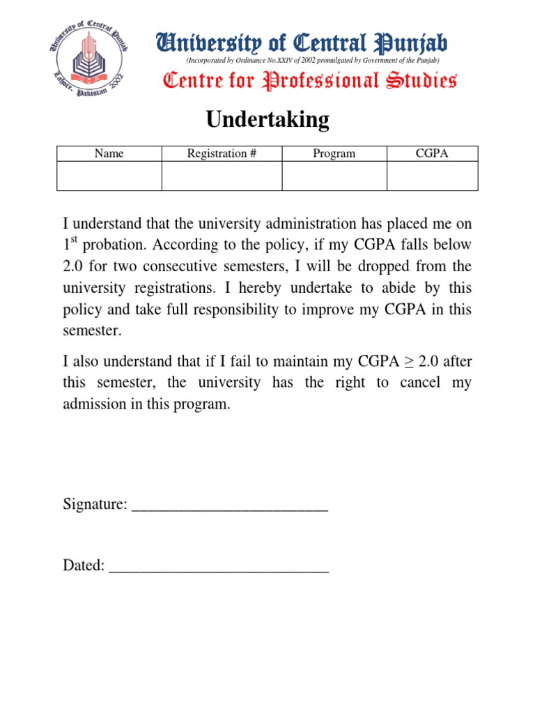 UCP Probation Undertaking Form | PDF