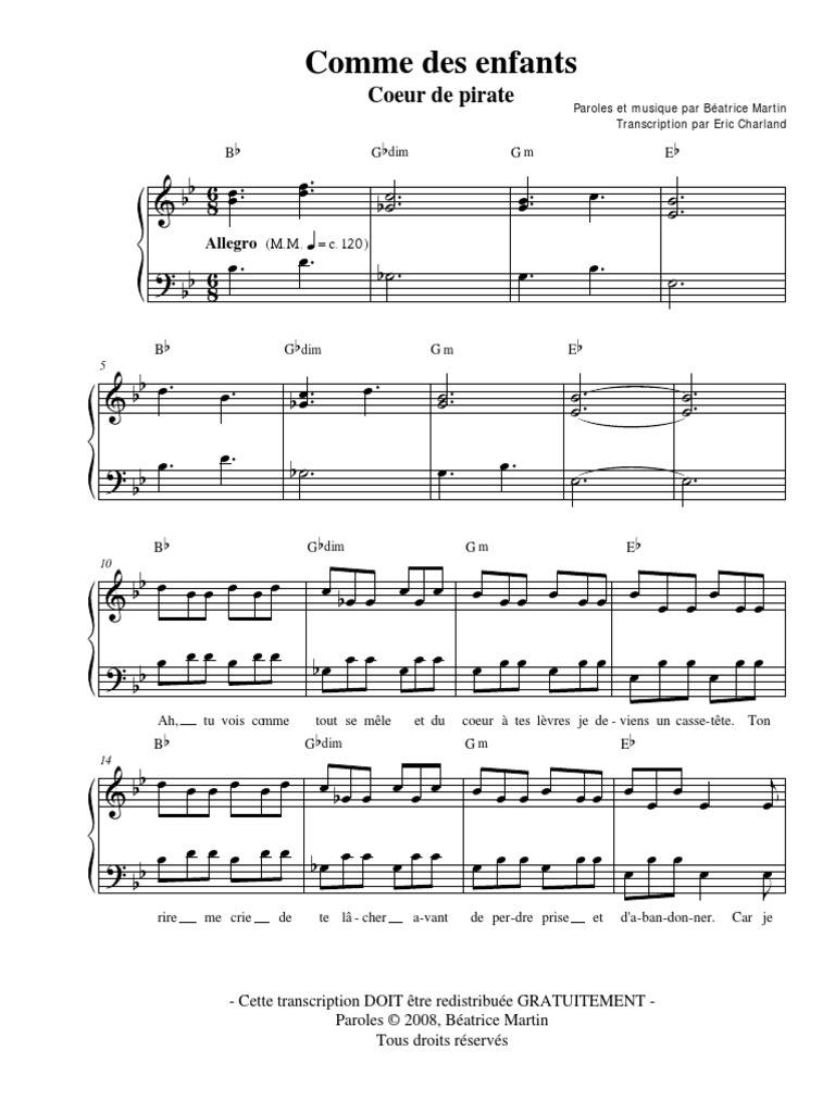 Coeur de Pirate Comme Des Enfants Partition PDF | PDF