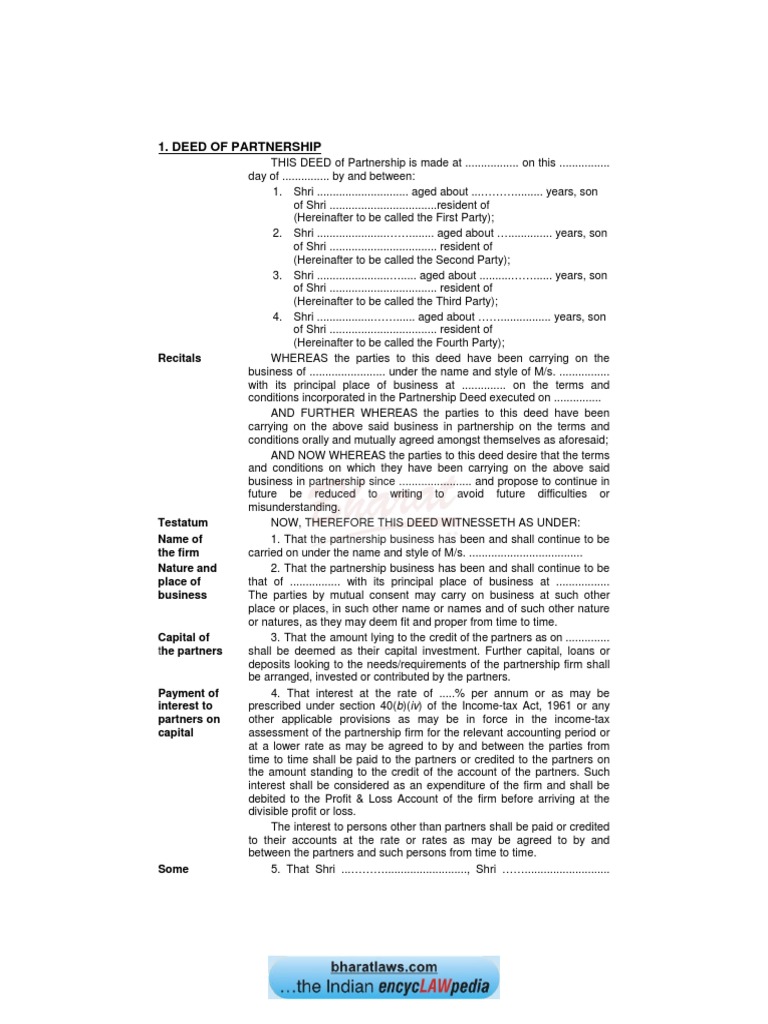 Deed of Partnership: Recitals | PDF | Partnership | Negotiable Instrument