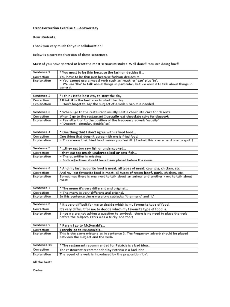 Error-Correction Exercise - 1 - Answer Key PDF | PDF | Verb | Syntax