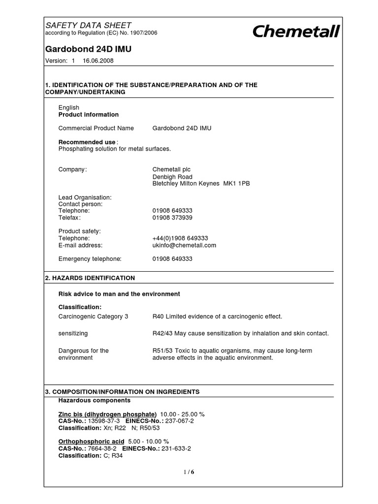 Gardobond 24D IMU Safety Data Sheet | PDF | Firefighting | Nickel
