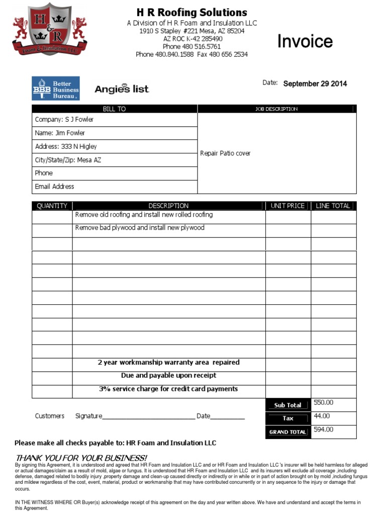 Roofing Repair Invoice Example | PDF