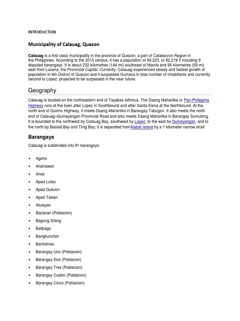 An Overview of the Municipality of Calauag in Quezon Province ...