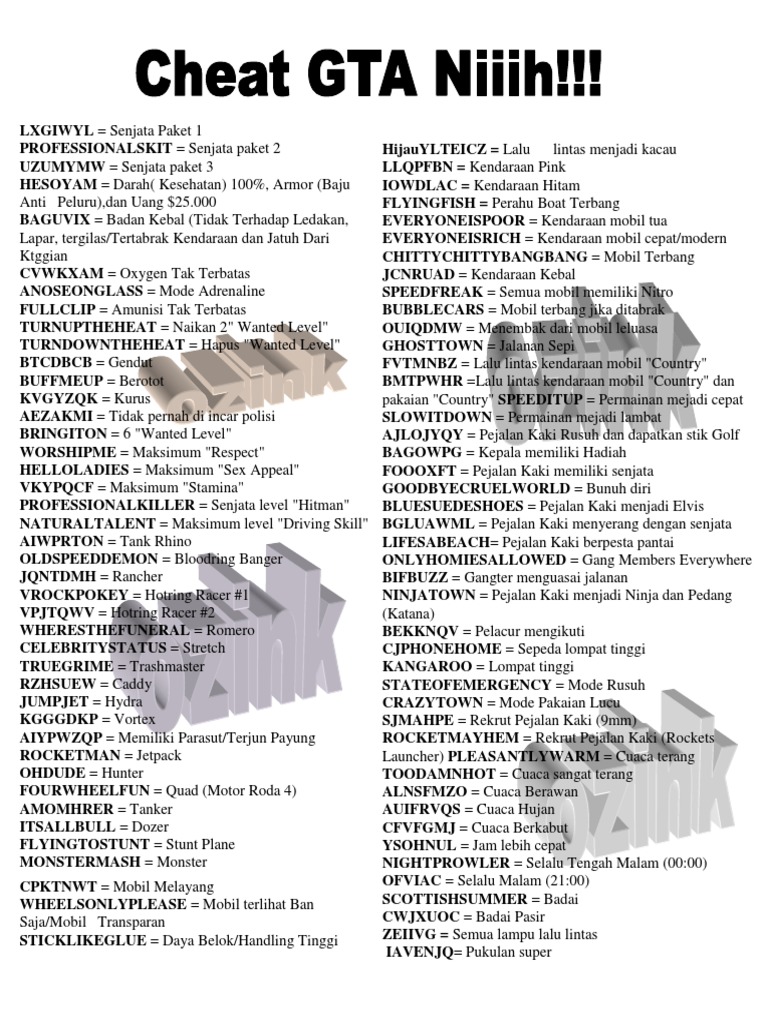 GTA San Andreas Cheat Codes Guide | PDF