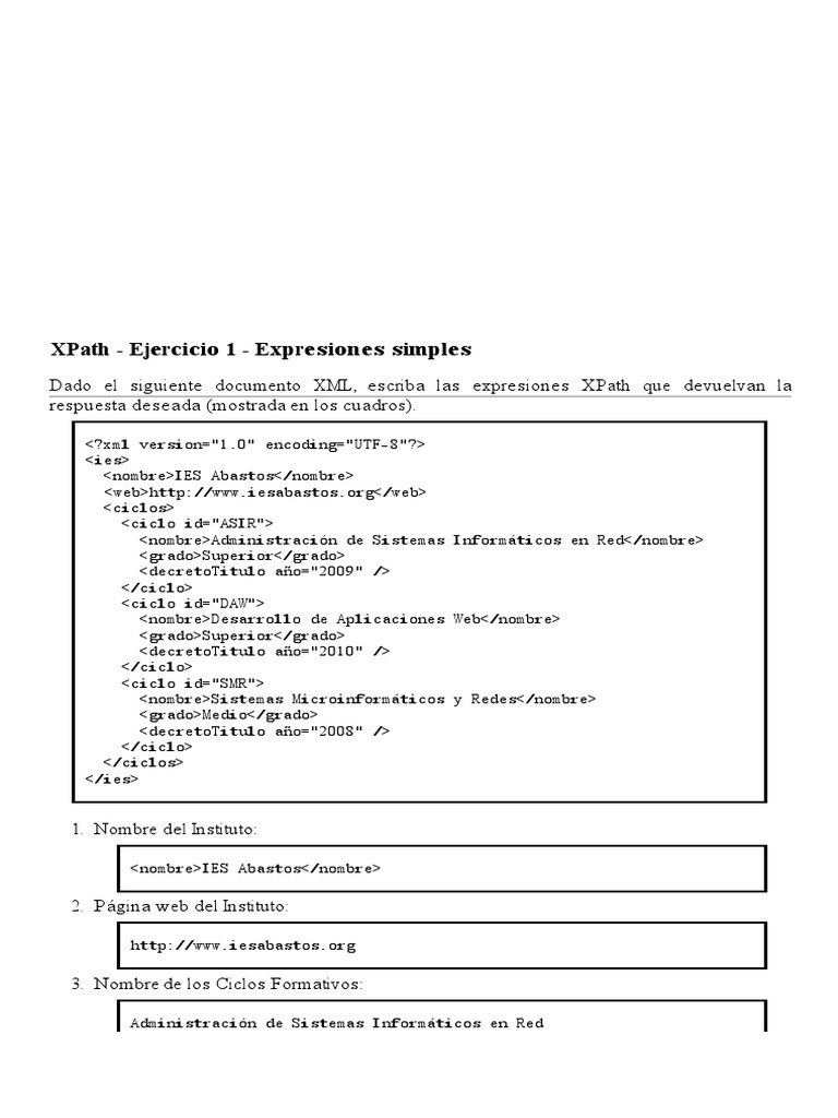 XPath. Ejercicios. XML PDF | PDF | X camino | Lenguaje de marcado XPath. Ejercicios. XML PDF | PDF | X camino | Lenguaje de marcado