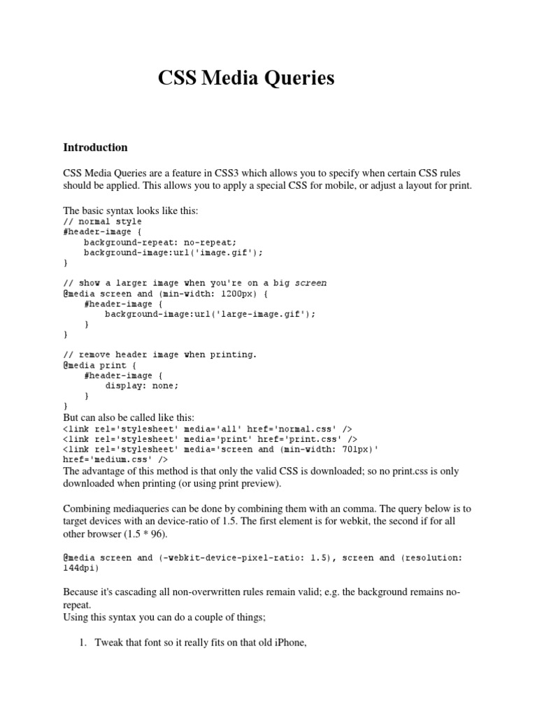 Css Media Queries Pdf Cascading Style Sheets Human Computer Interaction