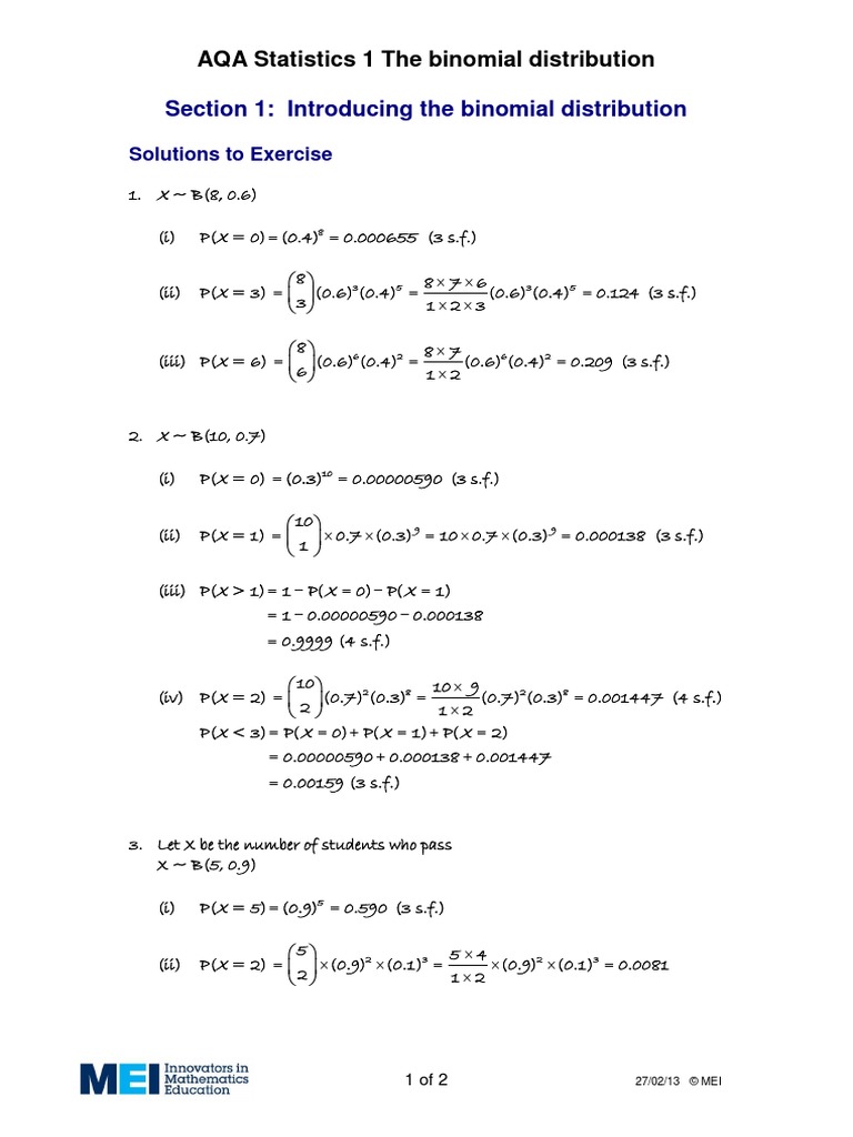 Introducing The Binomial Distribution - Solutions PDF | PDF ...