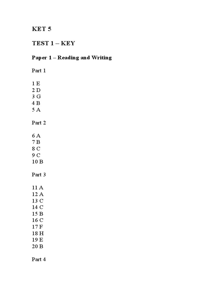 Ket 5 Test 1 - Key: Paper 1 - Reading and Writing | PDF