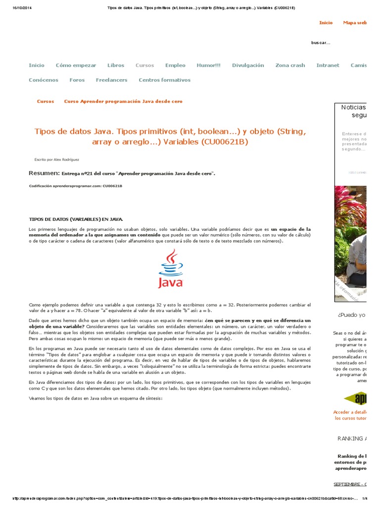 Tipos de Datos Java. Tipos Primitivos (Int, Boolean... ) y Objeto (String, Array o Arreglo PDF ...