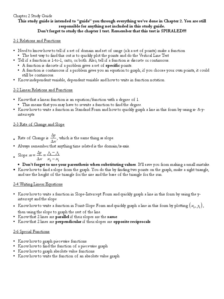 Chapter 2 Algebra 2 Study Guide | PDF | Line (Geometry) | Derivative