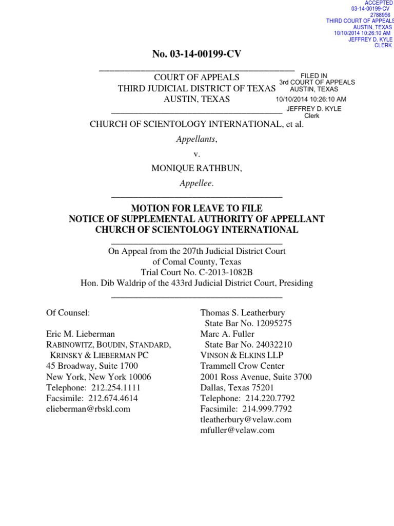 Monique Rathbun v. Scientology: Leave To File Supplemental Authority ...