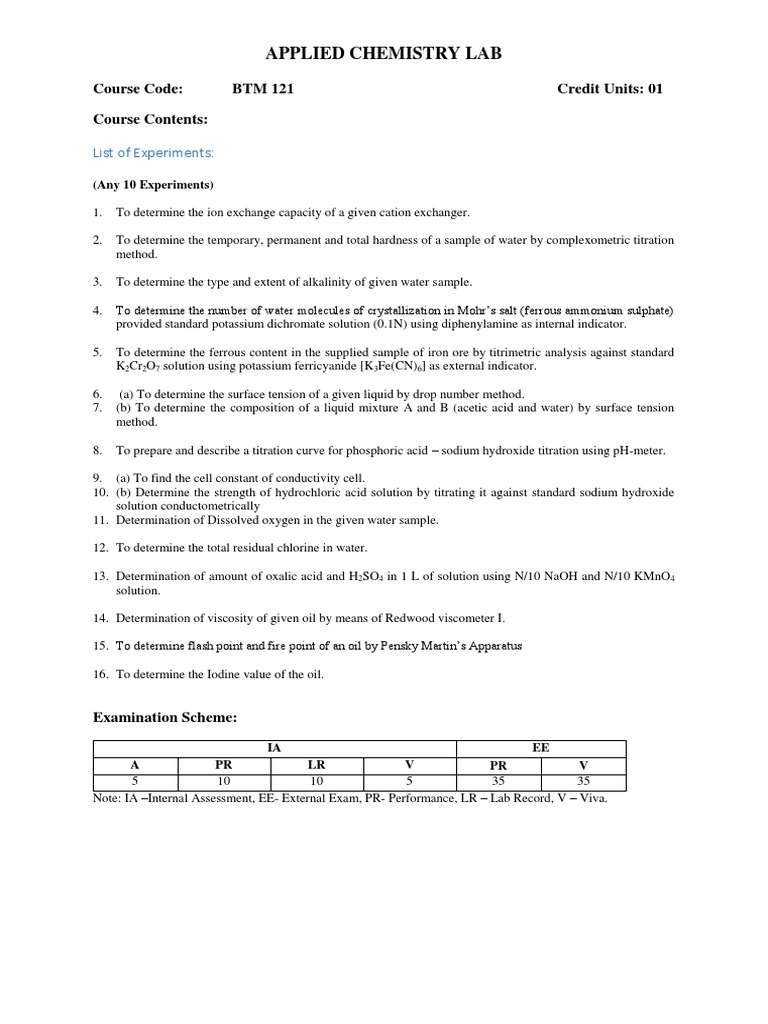Applied Chemistry Lab: List of Experiments | PDF