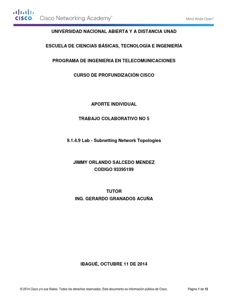 9 1 4 9 Lab Subnetting Network Topologies Jimmy Pdf Dirección Ip Transmisión De Datos