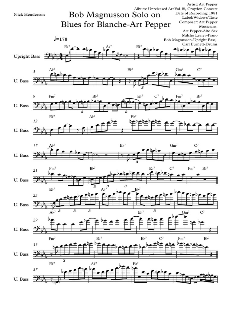 Bob Magnusson Solo On Blues For Blanche-Art Pepper - Full Score | PDF