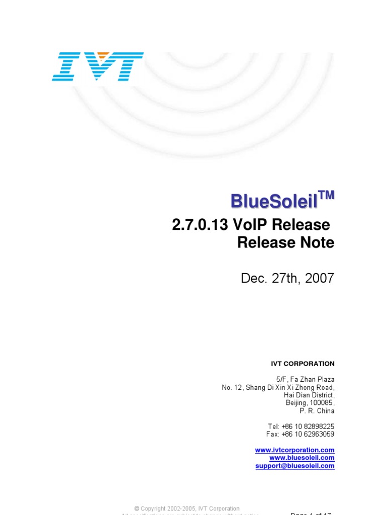 IVT BlueSoleil 2.7.0.13 VoIP Release 071227 Release Note | PDF ...