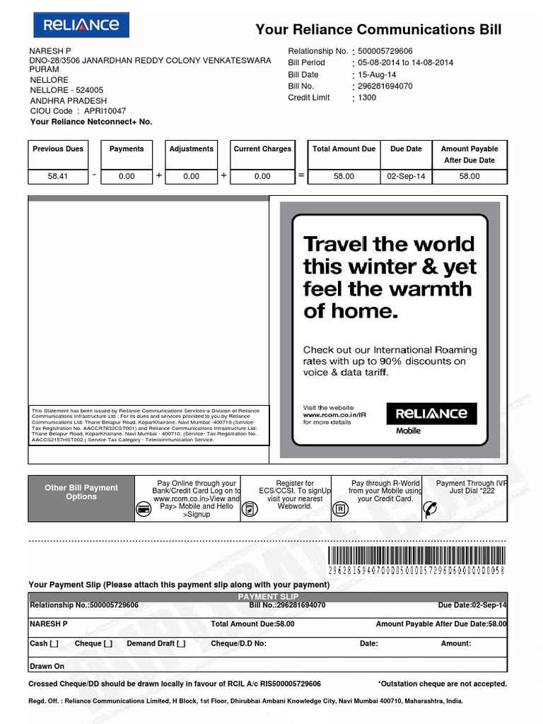 Your Reliance Communications Bill | PDF | Cheque | Short Message Service