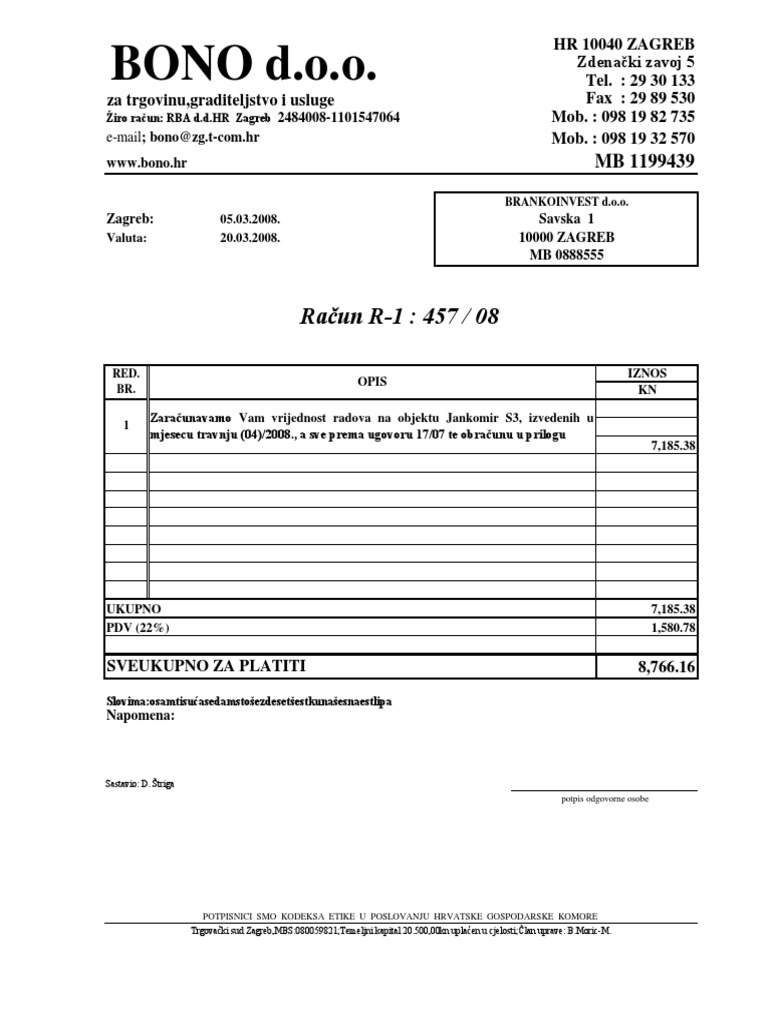 Primjer Racuna Radova U Gradjevini | PDF