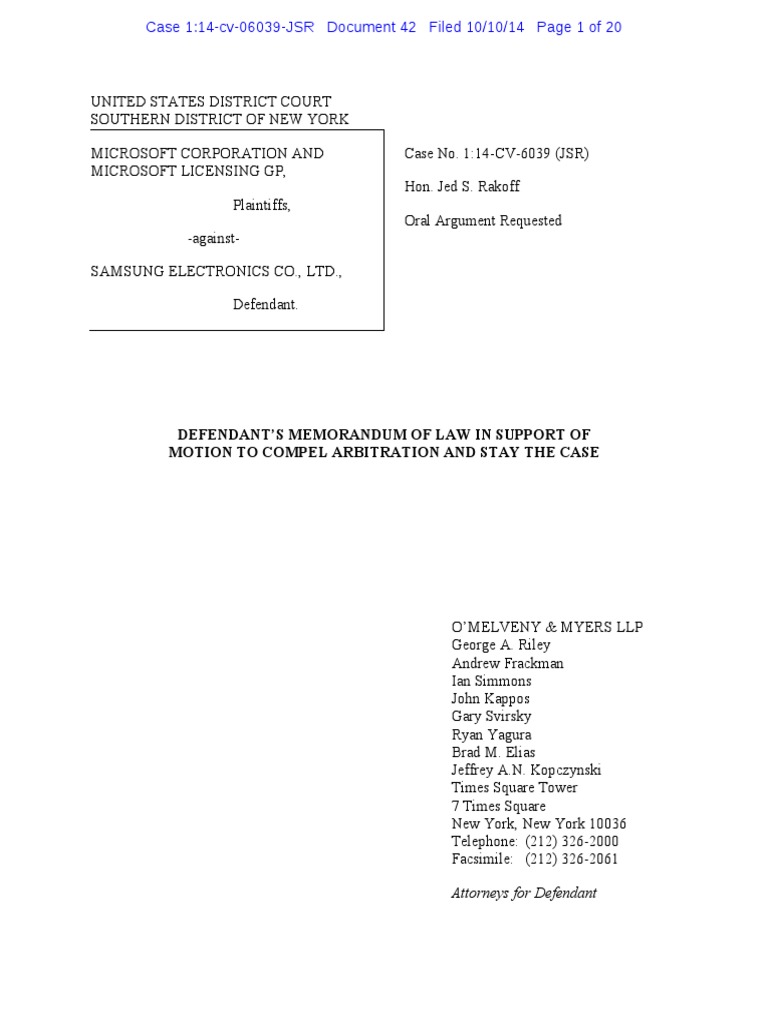 14-10-10 MOL Samsung Motion To Arbitrate Microsoft Case PDF | PDF | Arbitration | Samsung
