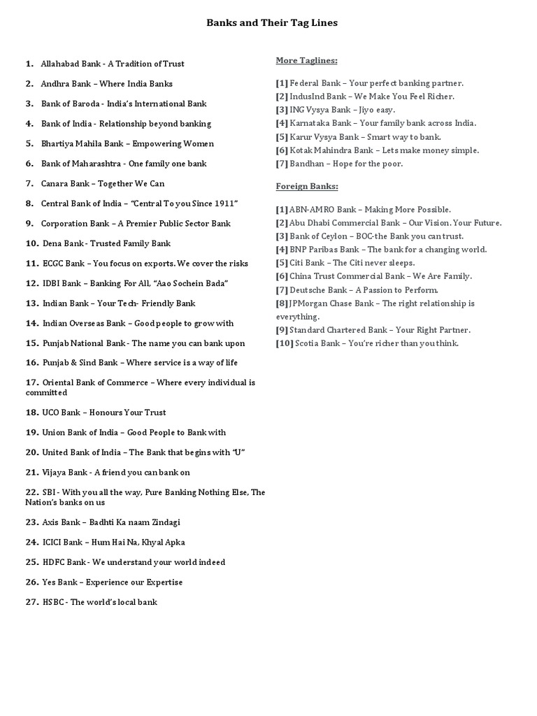 Banks and Their Tag Lines | PDF | Business