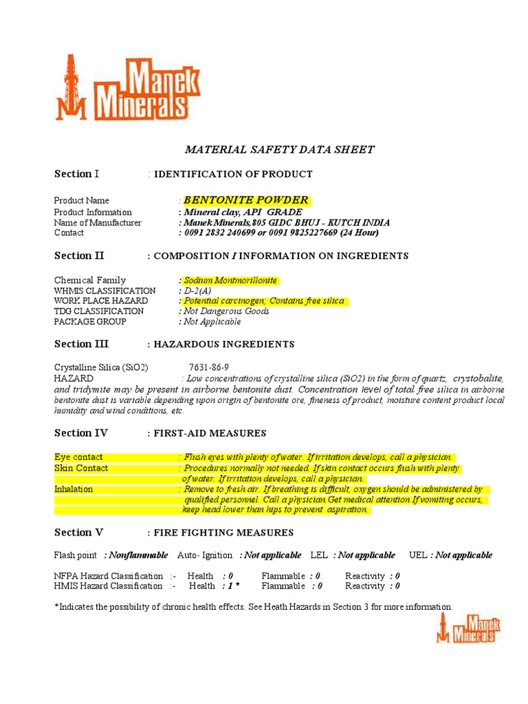 bentonite-MSDS | Silicon Dioxide | Housekeeping