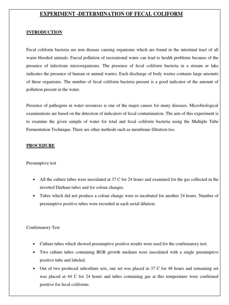 Fecal Coliform Testing Procedure | PDF | Feces | Microbiology
