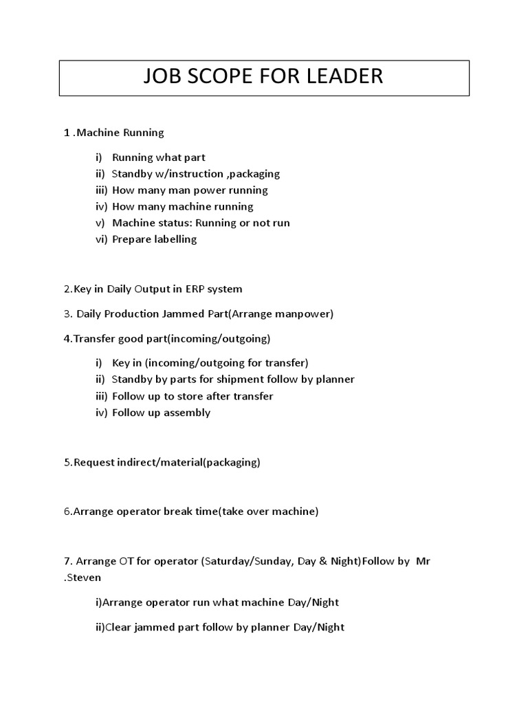 Leader Job Scope | PDF