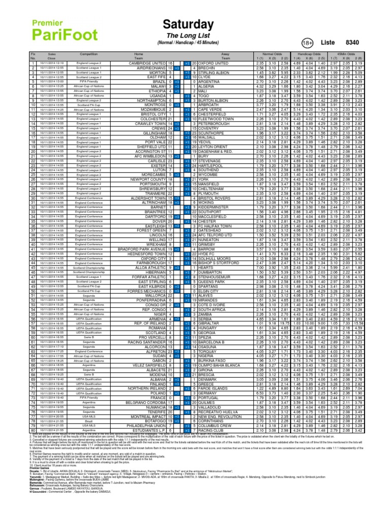 Saturday football fixtures and odds list | PDF | England National ...