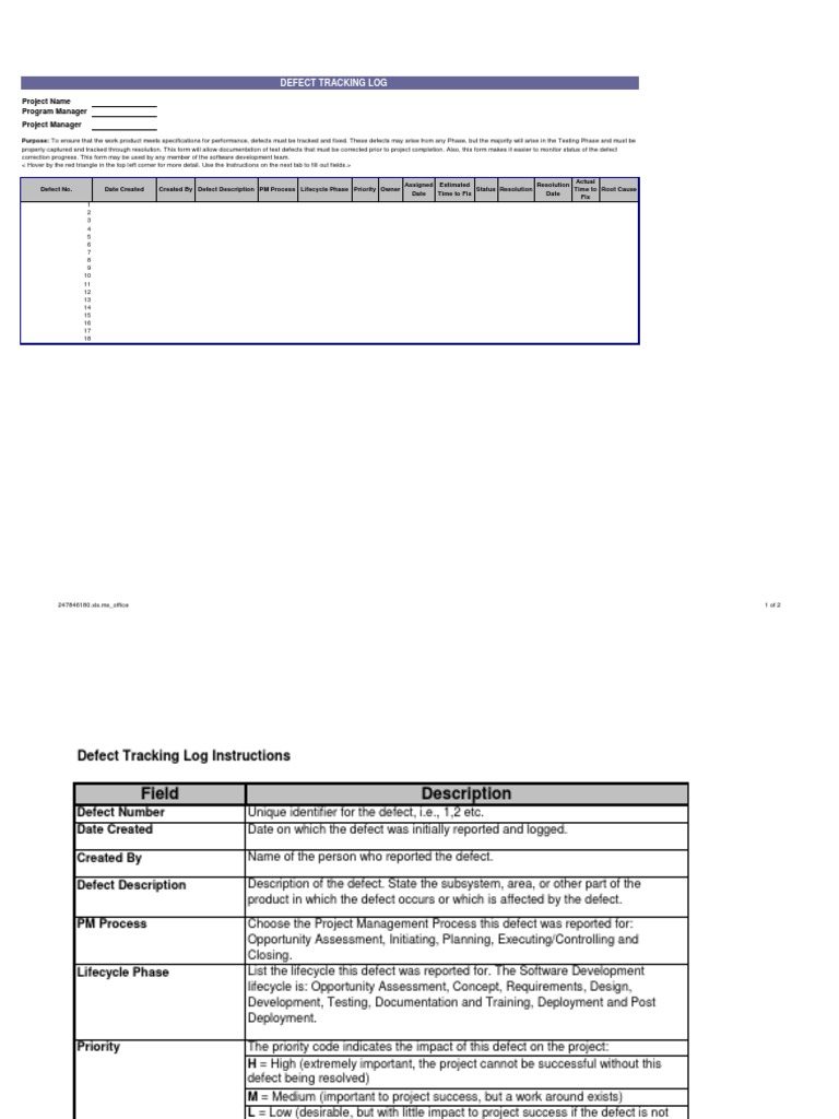 Defect Tracking Log: Project Name Program Manager Project Manager ...