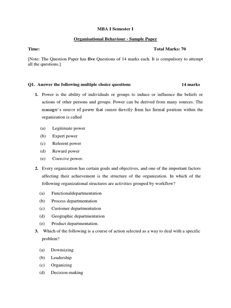 Organisational Behaviour Sample Paper | PDF | Anger | Leadership