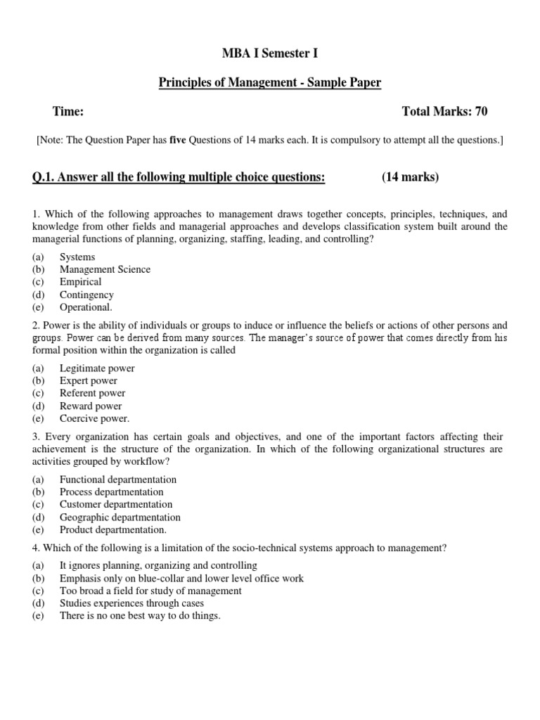 Principles of Management Sample Exam Paper | PDF | Decision Making | System