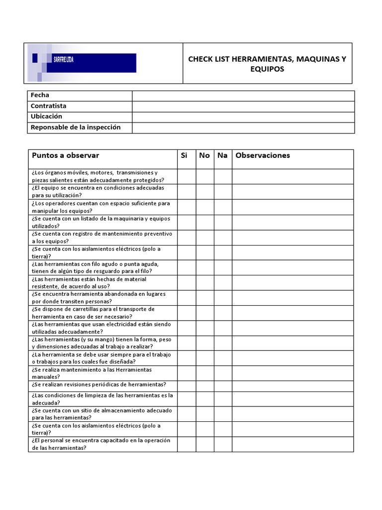 Lista de Verificación para Herramientas y Equipos | PDF | Ciencia y ...
