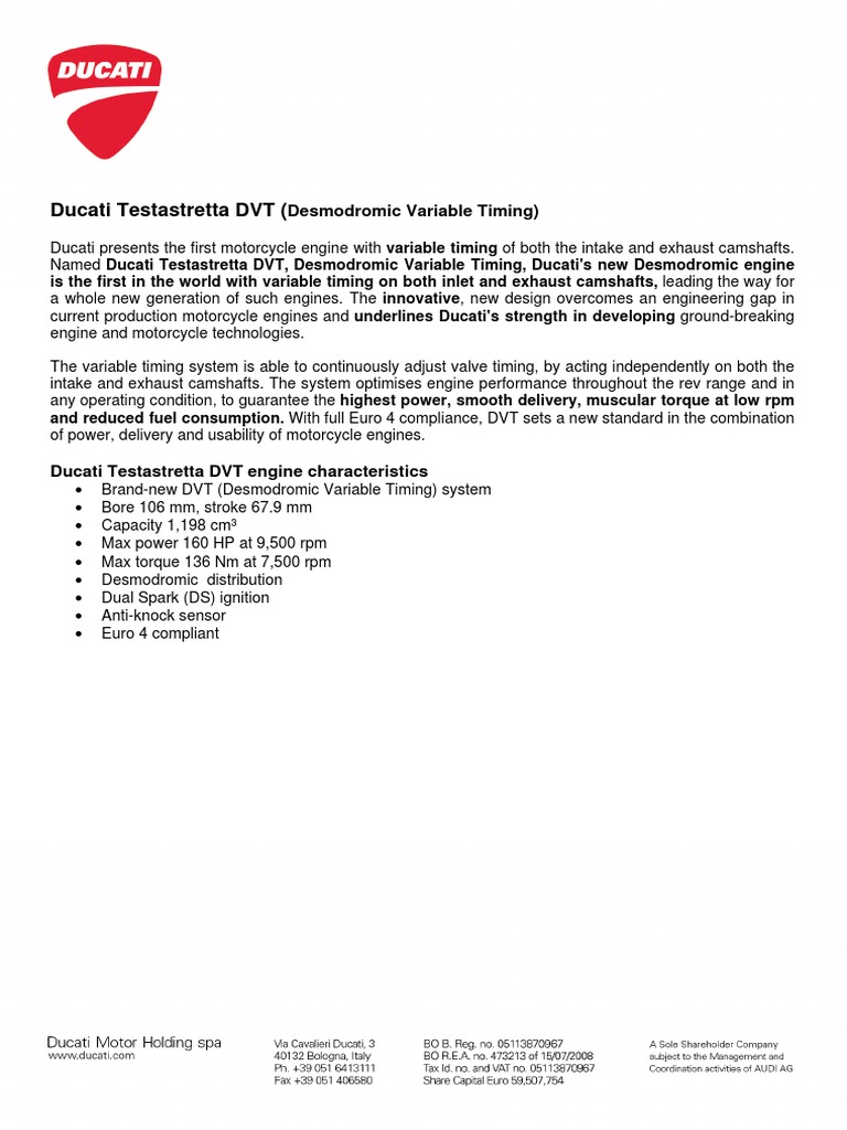 Ducati Desmodromic Variable Timing (DVT) Engine | PDF | Engines ...
