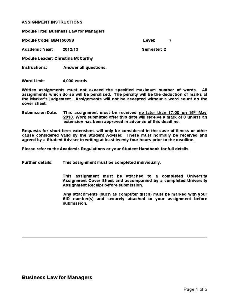 Business Law For Managers: Page 1 of 3 | PDF | Virtue | Common Law