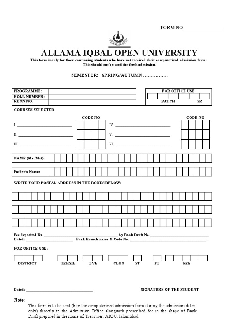 Continue Form - Allama Iqbal Open University - AIOU | Business