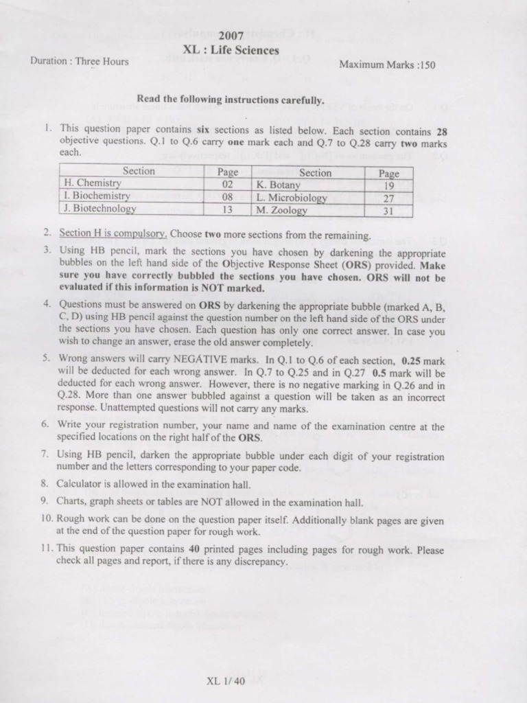 2007 XL Life Sciences Exam Paper | PDF | Science & Mathematics