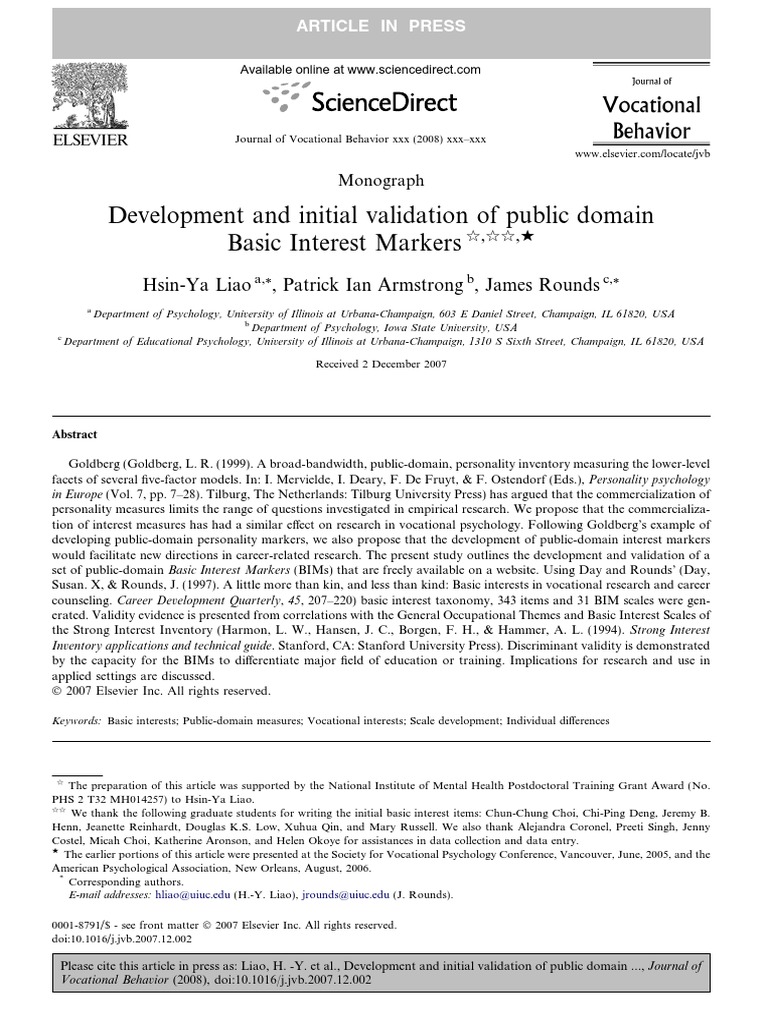 Development and Initial Validation of Public Domain Basic Interest Markers. Journal of ...