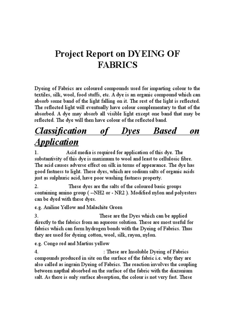Project Report On DYEING OF Fabrics | PDF | Dye | Dyeing