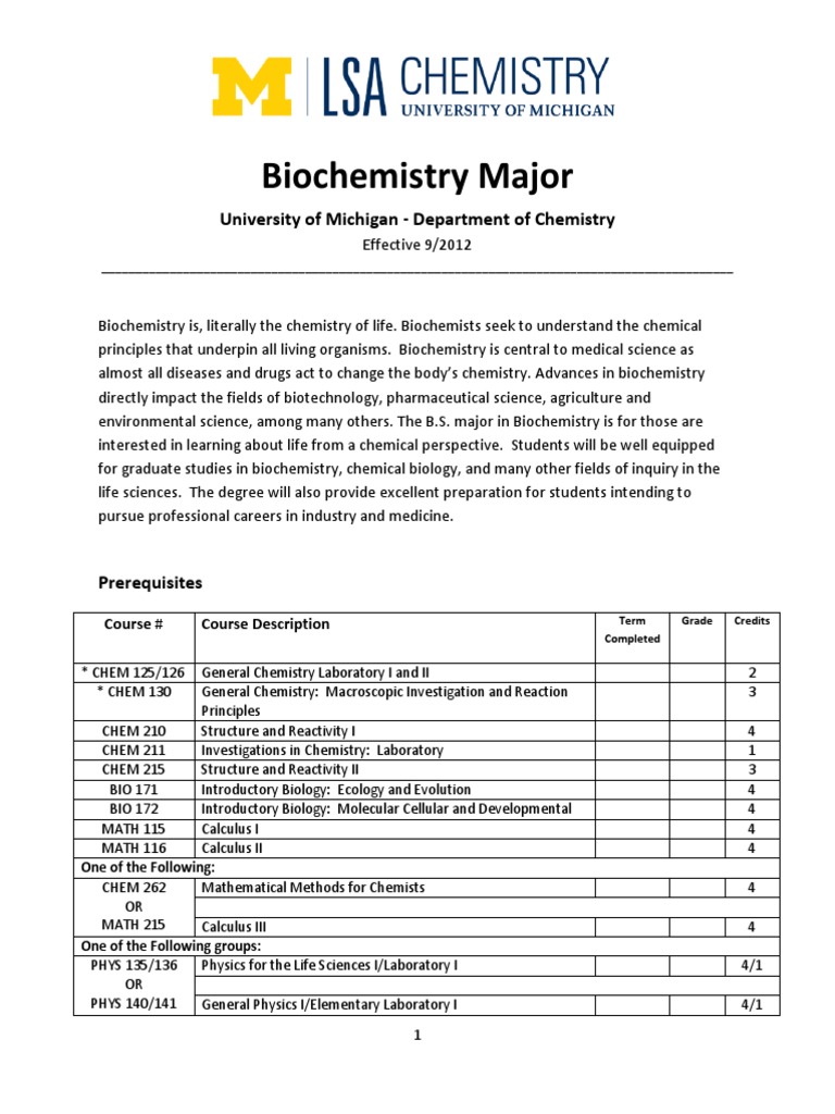 Biochemistry Major Requirements at UMich | PDF | Biochemistry | Chemistry