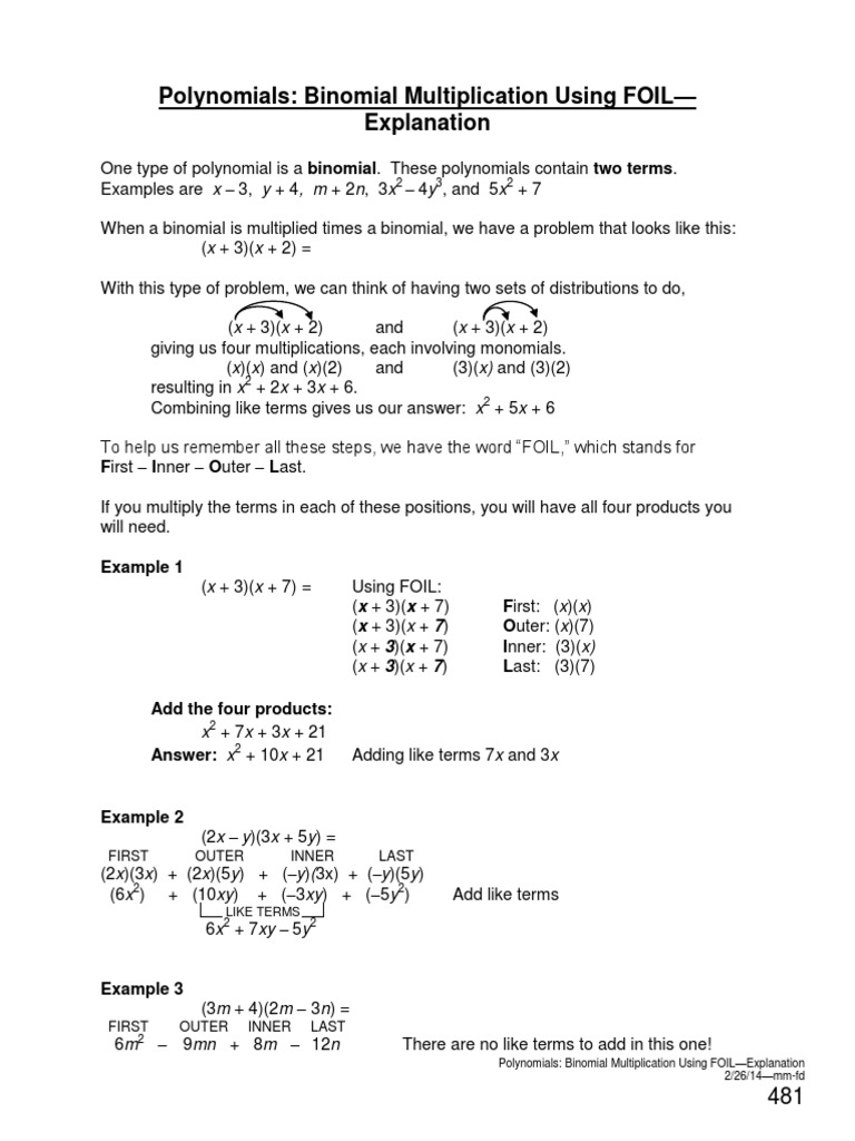 481-2011-Polynomials - Binomial Muliplication Using Foil - Explanation ...